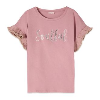 Oltre Baumwoll-T-Shirt mit Kristallen und R&uuml;schen - - Tops - Damen - Rosa - L