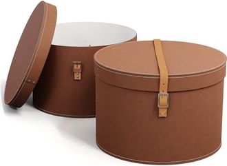 Bigso Box of Sweden BIGSO RUT 2er-Set Aufbewahrungsbox mit Deckel - runde Ordnungsbox mit Lederriemen - gro&szlig;e und kleine Hutschachtel aus 100% recycelter Faserplatte und 