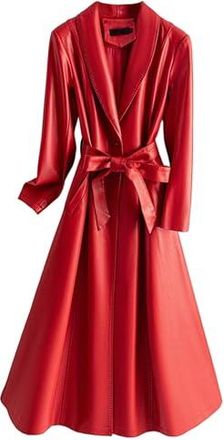 Generic Trench en similicuir pour femme - Longueur mi-longue - Manches longues - Bouton - Pour motard - Tendance - Avec ceinture, Rouge, 3XL