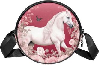 Generic Sac &agrave; bandouli&egrave;re rond pour femme, motif cheval et fleur, rose, petit sac &agrave; bandouli&egrave;re avec fermeture &eacute;clair, bretelles r&eacute;glables, sac &agrave; main rond d&eacute;