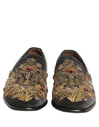 Dolce & Gabbana Mens Black Velvet Embellished Dress Loafers Shoes Leather