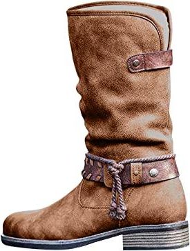 Generic Bottes en daim pour femme, style ethnique, confortables, fermeture &eacute;clair lat&eacute;rale, classique, &eacute;l&eacute;gant, r&eacute;tro, talon bas, marron, mi-mollet, bottes de