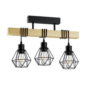 Eglo Deckenlampe Townshend 5, 3 flammige Vintage Deckenleuchte im Industrial Design, Retro Pendelleuchte aus Stahl und Holz, Farbe: Schwarz, braun, Fassung