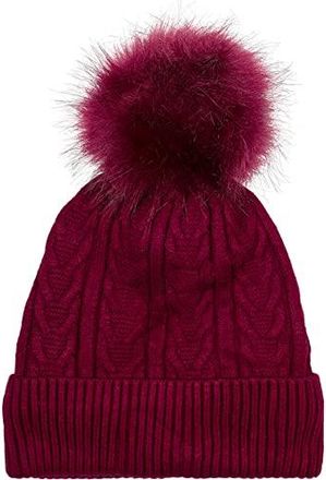 styleBREAKER Ladies Fine Knit Pom Pom Hat with Cable Pattern, Faux Fur Pom Pom Beanie, Lined Winter Knit Hat 04024100 (en Anglais), Couleur:Bordeaux-Rouge