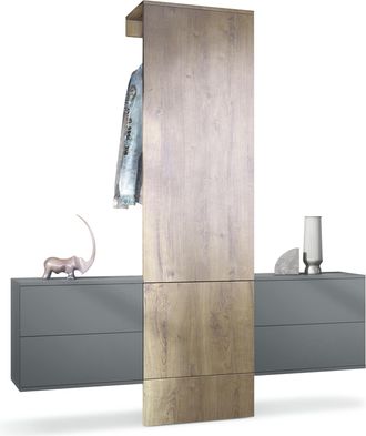Vladon Garderobe Carlton Set 3, Made in Germany, Wandgarderobe aus Flur-Paneel & 2 Schubladen-Kommoden, Anthrazit matt/Eiche Ribbeck (157 x 193 x 35 cm)
