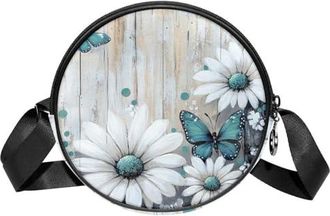 Generic Petit sac &agrave; bandouli&egrave;re circulaire pour femme, motif papillons et marguerites sur planche rustique, petit sac &agrave; dos &agrave; bandouli&egrave;re avec fermeture &eacute;clai