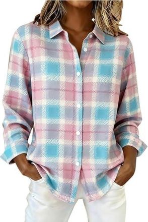 Generic Chemisier &agrave; carreaux pour femme - Col &agrave; manches longues - D&eacute;contract&eacute; - Tendance - Coupe ample - Chemisier &agrave; manches longues - Chemisier pour femme - 