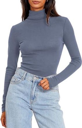 Generic Chemise &agrave; col roul&eacute; et manches longues pour femme avec tissu extensible doux pour une superposition polyvalente et un confort quotidien, bleu marine, 