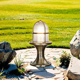 Licht-Erlebnisse Sockelleuchte au&szlig;en Messing Glas H:28cm rostfrei robust IP54 Maritim antike Terrassenlampe Garten