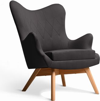 MG Design Ohrensessel aus Samt in Dunkelgrau - Bequemer Polstersessel mit Holzbeinen, hoher R&uuml;ckenlehne & weichem Samtbezug f&uuml;r Wohnzimmer oder Schlafzimme