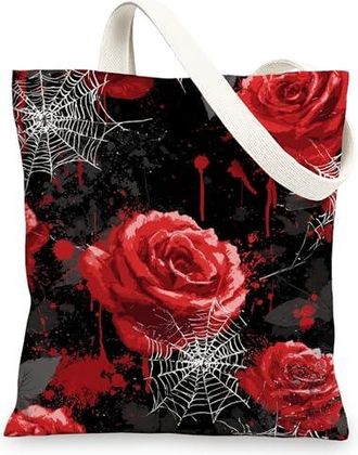 Generic Sacs fourre-tout en toile motif floral gothique, sacs à provisions réutilisables, élégants et légers et lavables avec bandoulière, Rouge, 13x15 Inch