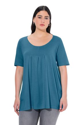 Ulla Popken Damen gro&szlig;e Gr&ouml;&szlig;en &Uuml;bergr&ouml;&szlig;en Plus Size T-Shirt, Zierfalten, A-Linie, Rundhals, Halbarm, Modal denimblau 54+ 796473721-54+