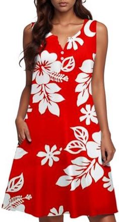 Generic Robe boh&egrave;me 2026 pour femme, robe d&eacute;t&eacute; d&eacute;contract&eacute;e, ample, col en V, sans manches, avec poches, cache-maillot de bain, Rouge, 3XL