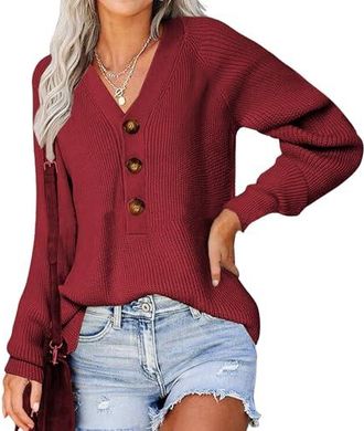 Generic Pull c&ocirc;tel&eacute; &agrave; Manches Longues et col en V pour Femme, Coupe d&eacute;contract&eacute;e, Couleur Unie, Rouge, Taille 3XL
