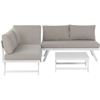 Beliani Salon de Terrasse ou Jardin Canap&eacute; Modulable et Table Basse Assortie en Aluminium Blanc avec Coussins Taupe Si&egrave;ge Relevable et Design Moderne Beliani