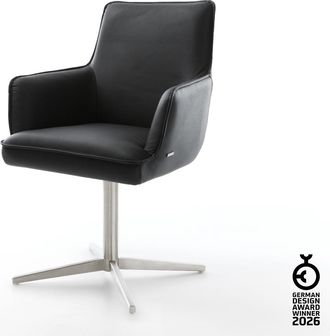 DELIFE Drehstuhl Heira-Flex mit Armlehnen Echt-Leder Schwarz Fu&szlig;kreuz Edelstahl 360&deg; drehbar Taschenfederkern, Esszimmerst&uuml;hle