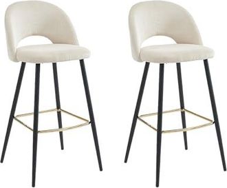 Vente-Unique Lot de 2 tabourets de Bar en Velours c&ocirc;tel&eacute; et m&eacute;tal - Cr&eacute;me - FINCHY