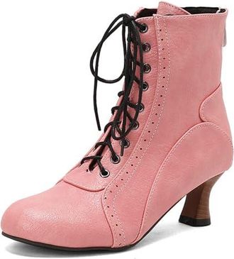 Generic Bottines Style Victorien Femme Talon Bas Moyen &Eacute;pais Bout Rond Lacets Avant Simili Cuir Bottines Courtes pour Cocktail Et R&eacute;ception De Mariage,Rose,50