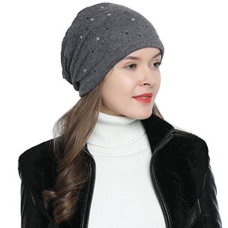DonDon Mütze Damen Wintermütze Slouch Beanie gefüttert mit schwarzem Strass dunkelgrau