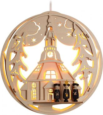 Rudolphs Schatzkiste Fensterbild Kurrende mit Seiffener Kirche EL. Beleuchtung Natur+E2892 BxHxT 25,5x26x10cm NEU Fenstermotiv Weihnachten Adventsstern Holz Seiffen Erzgeb