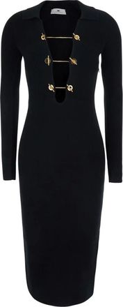 Elisabetta Franchi Femme, Robes, Noir, Taille: 38 FR Robe en maille &agrave; col en V et manches longues