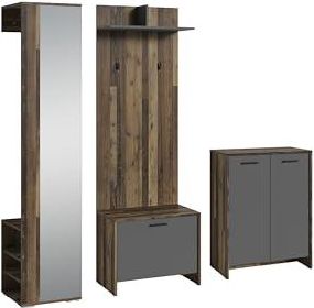 Byliving Garderoben-Set Ben/Flur Garderobe mit Spiegel/viel Stauraum / 4-teilig/Hochschrank/Wandpaneel/Sitzbank/Kommode (Old-Wood-Optik/Anthrazit)