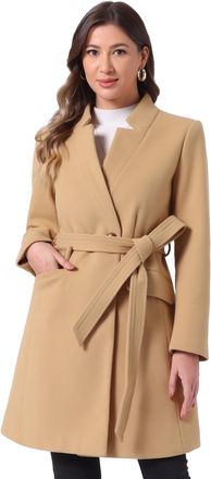 Allegra K Damen Elegant Mantel Stehkragen Vintage G&uuml;rtel Lang Wintermantel Khaki XS