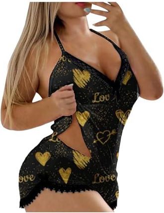 Generic Ensemble de pyjama 2026 pour femme avec col en V, gilet et short, imprim&eacute; coeur doux, v&ecirc;tements de nuit, v&ecirc;tements de nuit pour la maison, dor&eacute;, XXL