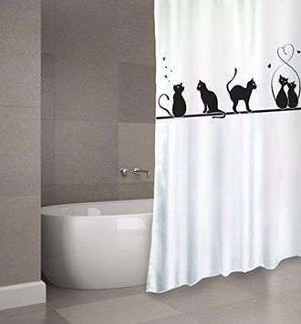 MSV Cotexsa by Premium Anti-Schimmel Textil Duschvorhang - Anti-Bakteriell, waschbar, 100% wasserdicht, mit 12 Duschvorhangringen - Polyester, Katze 180x2