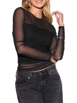 Cupshe Haut &agrave; manches longues en maille transparente contrast&eacute;e pour femme, Noir, S