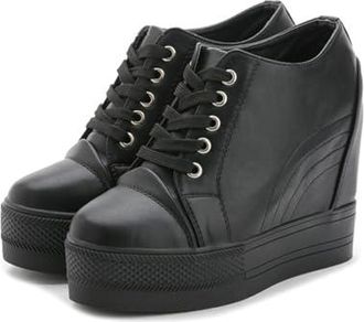 Tosoft Baskets Compensées Dissimulées For Femmes Chaussures De Sport Décontractées À Plateforme Et Bout Rond À La Mode(Black,34 EU)