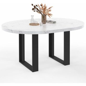 IDMarket Table &agrave; manger extensible ronde PHOENIX 4-6 personnes plateau effet marbre blanc ALASKA 110-150 cm