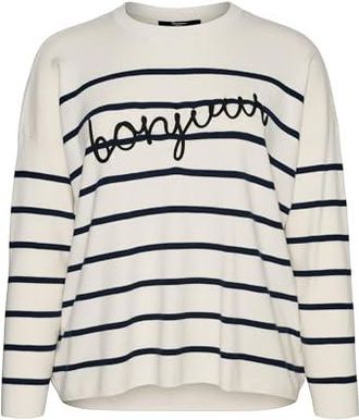 Vero Moda Vmaria Bonjour Ls O-Neck Pullover GA Pull-Over, Bouleau/détail : Bleu Marine Blzer Stripes W. Black Texte, L Femme