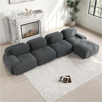 Generic Modulares Schlafsofa mit Ottomane, 3-Sitzer, modulares Cord-Sofa, ohne Montage, for Wohnzimmer, rahmenloses Sofa, mit gebogenen Armlehnen(Grigio.,4S+1