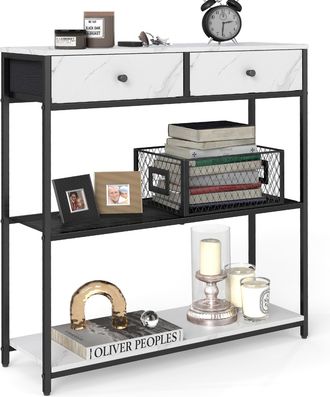 Vasagle Konsolentisch schmal, Beistelltisch mit 2 Stoffschubladen, Flurtisch, 24 x 76 x 80 cm, für Flur, Wohnzimmer, marmorweiß-tintenschwarz LNT092W01