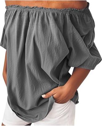 Generic T-shirts en gaze pour femme - T-shirt &agrave; &eacute;paules d&eacute;nud&eacute;es pliss&eacute;es - Chemisier &agrave; manches courtes en &eacute;lasthanne - Chemisier d&eacute;t&eacute; d&eacute;contract&eacute; - Coupe amp