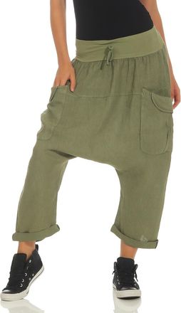 Malito more than fashion Malito Damen Pumphose aus Leinen | Stoffhose in Unifarben | Freizeithose f&uuml;r den Strand | Capri Hose 6285 (Oliv)
