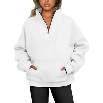 Generic Pull à capuche surdimensionné à manches longues et fermeture éclair quart de tour pour femme, blanc, 4XL