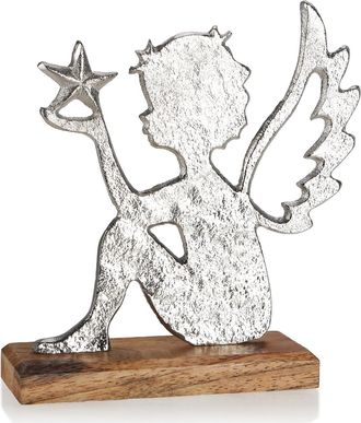 Com-Four Engel Figur - edle Dekofigur aus Metall und Mangoholz - Engelskulptur mit Stern - Engel mit Fl&uuml;geln aus Metall auf Holzsockel - Weihnachtsdeko Aufstel