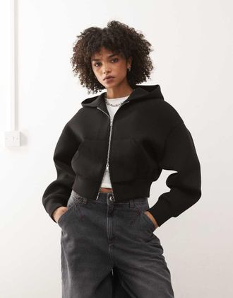 Weekday Danni - Sweat &agrave; capuche zipp&eacute; imitation n&eacute;opr&egrave;ne - Noir-Gris