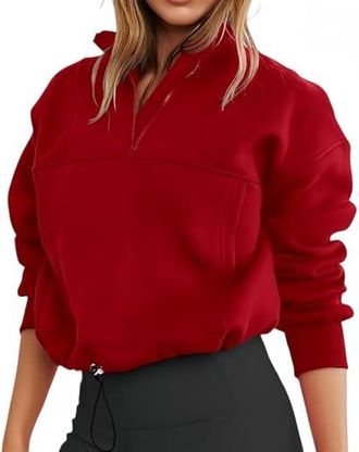 Generic Sweats doux &agrave; demi-fermeture &eacute;clair pour femme, pull court &agrave; manches longues, tenue tendance dautomne 2025 Y2k v&ecirc;tements avec poches, Rouge, XXL