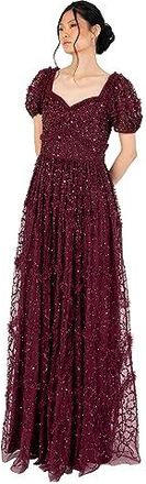 Maya Womens Maxi Dress Ladies Embellished Frilly Sweetheart Neckline Short Sleeve for Wedding Guest Bridesmaid Prom Ball Gown, Robe Femme, Wine