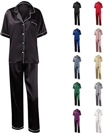 Generic Ensemble de pyjama en soie pour femme, ensemble de pyjama en satin pour femme, style classique et élégant, vêtements de détente deux pièces, couleur u