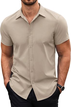 Coofandy Herren Hemd Kurzarm Freizeithemd B&uuml;gelleichte Businesshemd Sommerhemd Regular Fit Kurzarmhemd Basic Shirt Beige XL