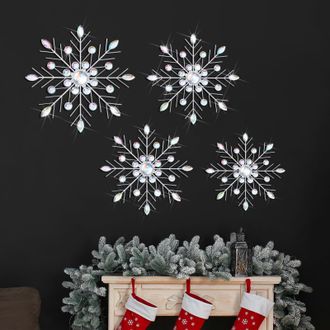 Hicarer 4 Stück 30,5 cm 25,4 cm 20,3 cm Schneeflocke Metall Wandkunst Strasssteine 3D Dekor Weihnachten Silber hängende Metallkunstwerk Wanddekoration Glitzer
