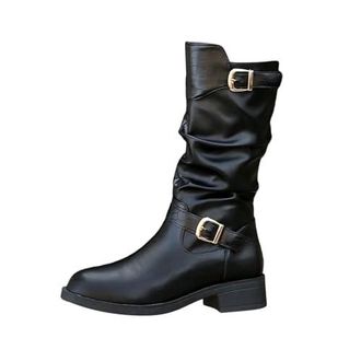 Generic Bottes mi-mollet pour femme &agrave; talon bas confortables pour lext&eacute;rieur - &Eacute;l&eacute;gantes - Fermeture &eacute;clair lat&eacute;rale - Boucle &agrave; talons &eacute;pais - Bottes d&eacute;quitat