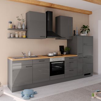 Impuls K&uuml;chen home24 K&uuml;chenzeile Impuls 330 cm 330 x 235 x 60cm Ausrichtung rechts Grau/Hochglanz Grau mit Elektroger&auml;ten