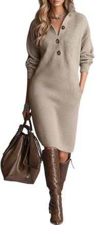 Generic Robe dhiver surdimensionn&eacute;e en tricot boutonn&eacute;e &agrave; col roul&eacute; avec poche pour femme, robe pull &agrave; manches longues pour femme, kaki, XXL