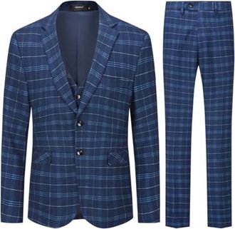 AlltheMen Costume Homme 3 Pièces Tuxedo Slim Fit à Carreaux Deux Boutons daffaire Mariage Trois Pièces Veste+Gilet+Pantalon Homme Bleu XL