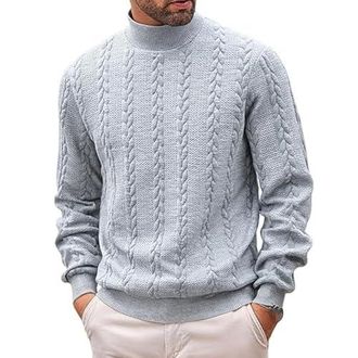 Generic Pull à col roulé pour homme, pull tricoté jacquard à manches longues, pull décontracté de couleur unie, pull slim fit, gris, XXL